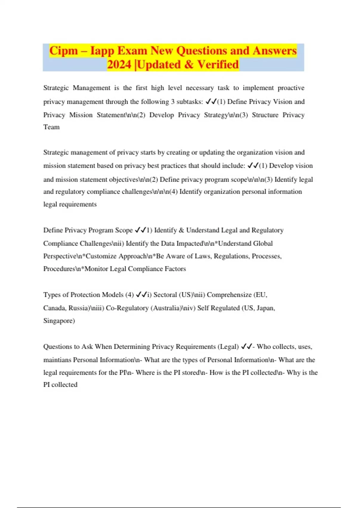 Cipm – Iapp Exam New Questions and Answers 2024 |Updated & Verified ...