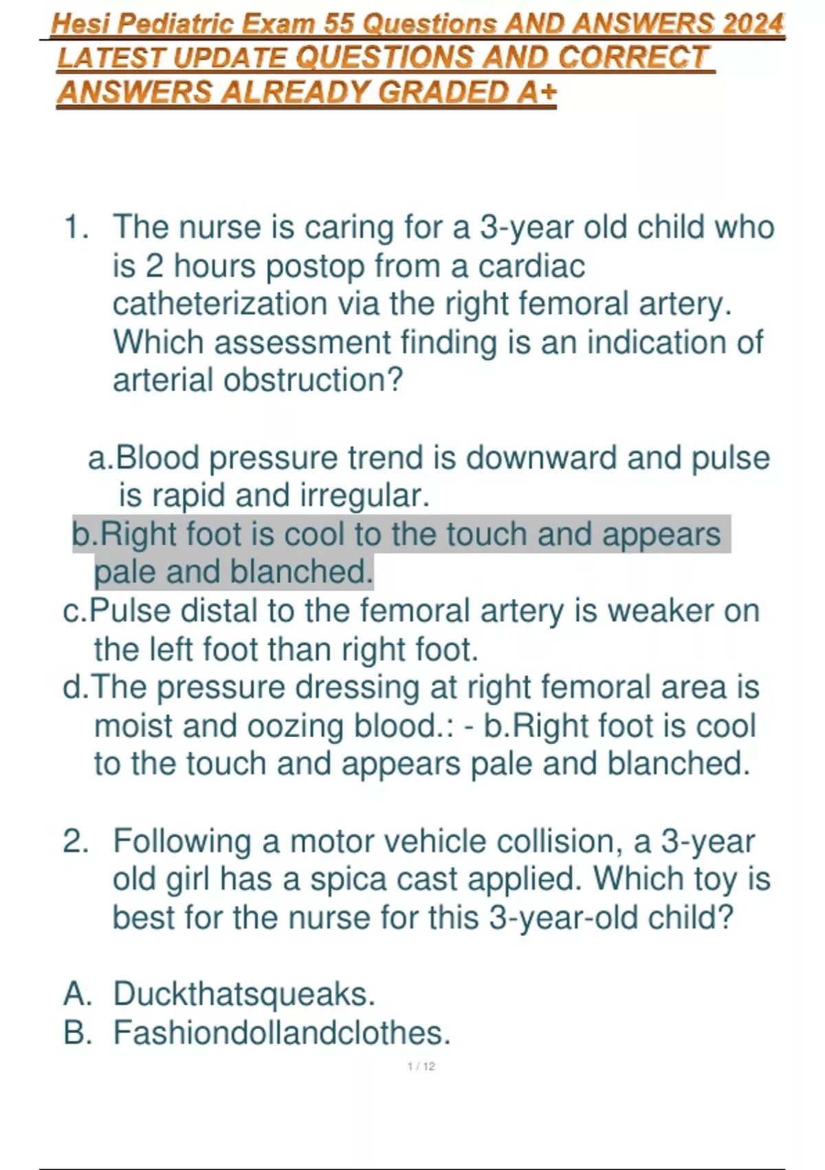 Hesi Pediatric Exam 55 Questions AND ANSWERS 2024 LATEST UPDATE ...