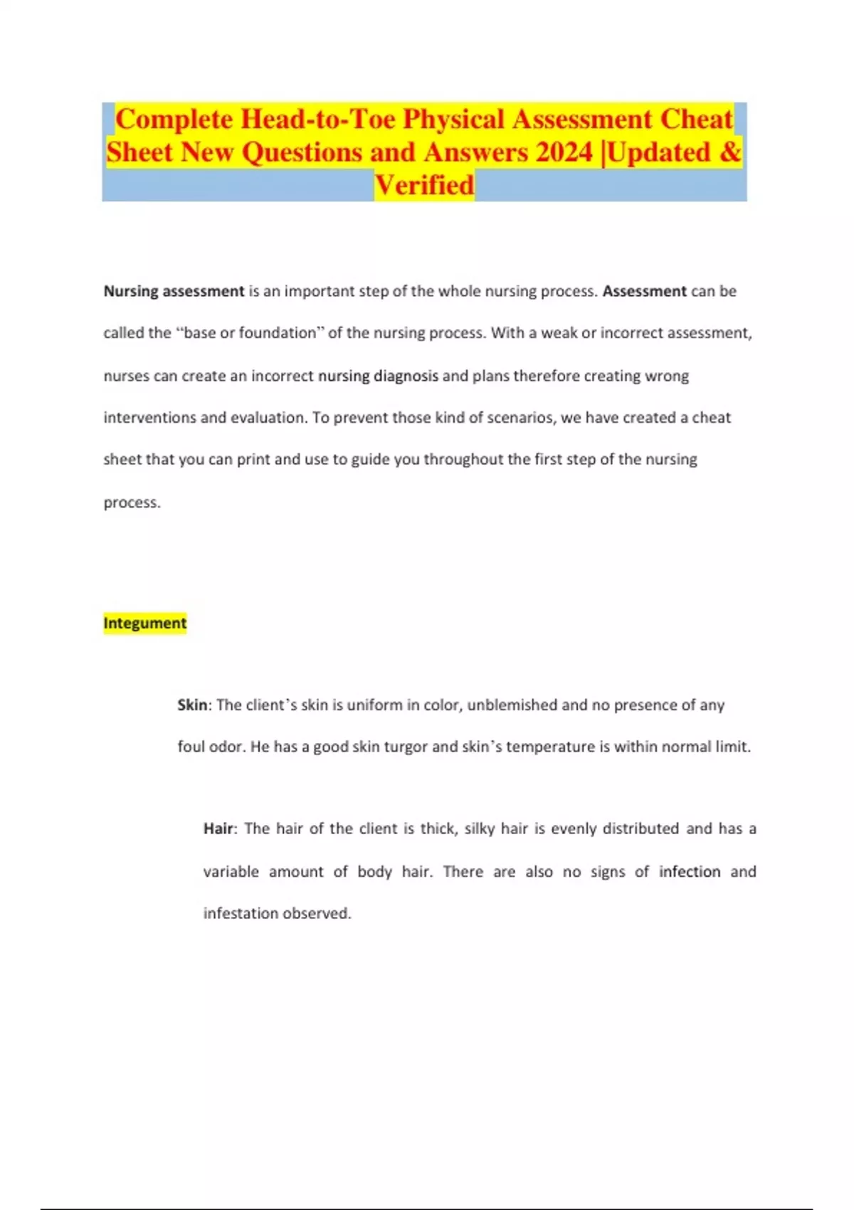 Complete Head-to-Toe Physical Assessment Cheat Sheet New Questions and ...