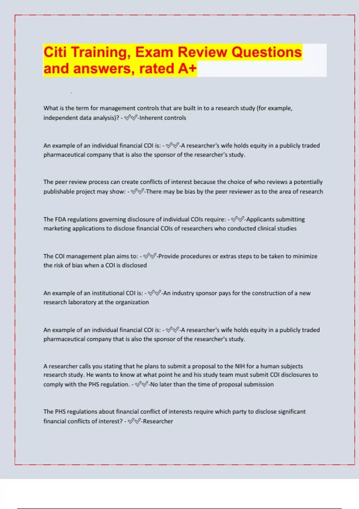 Citi Training, Exam Review Questions and answers, rated A+/LATEST ...