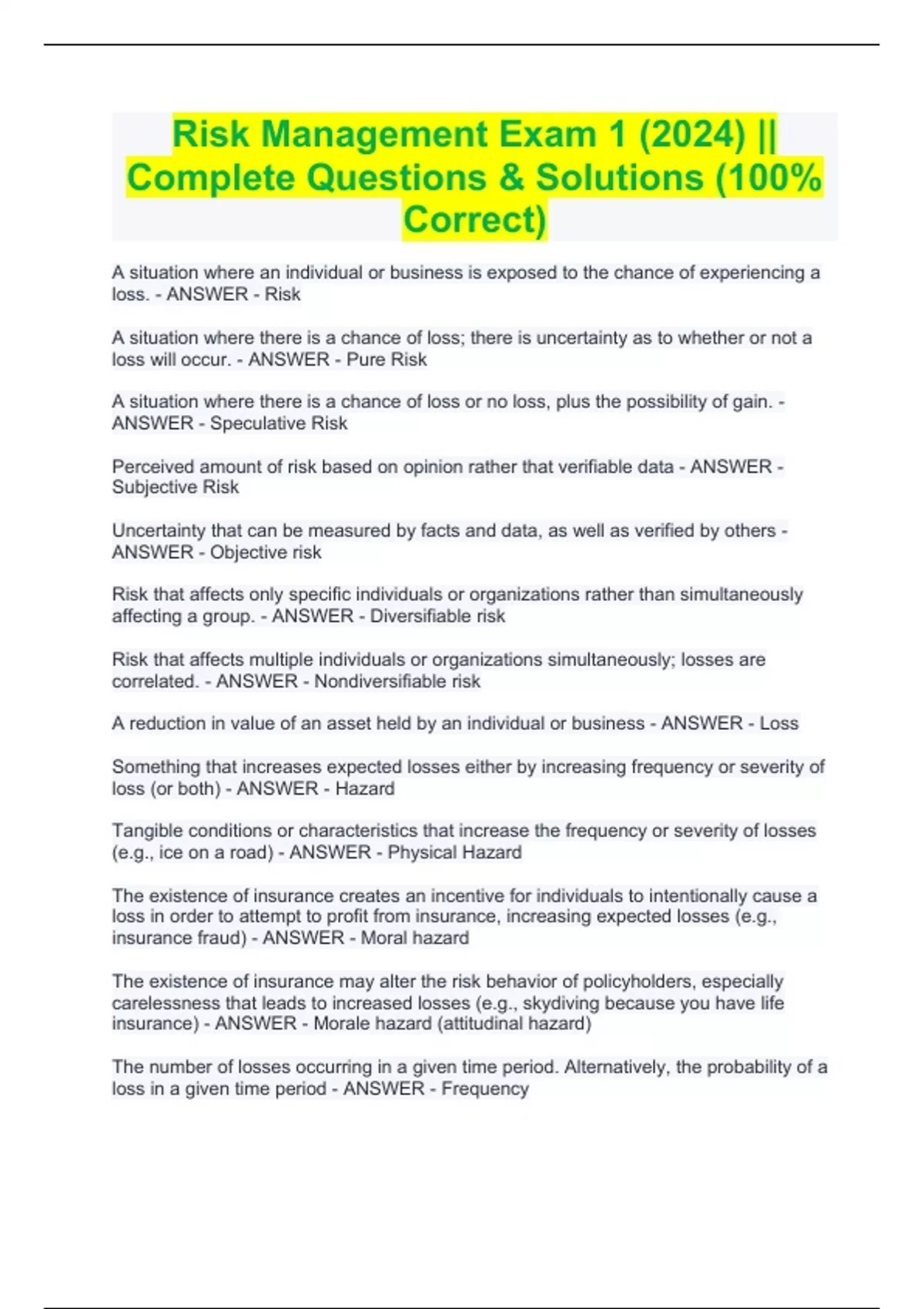 Risk Management Exam 1 (2024) || Complete Questions & Solutions (100% ...