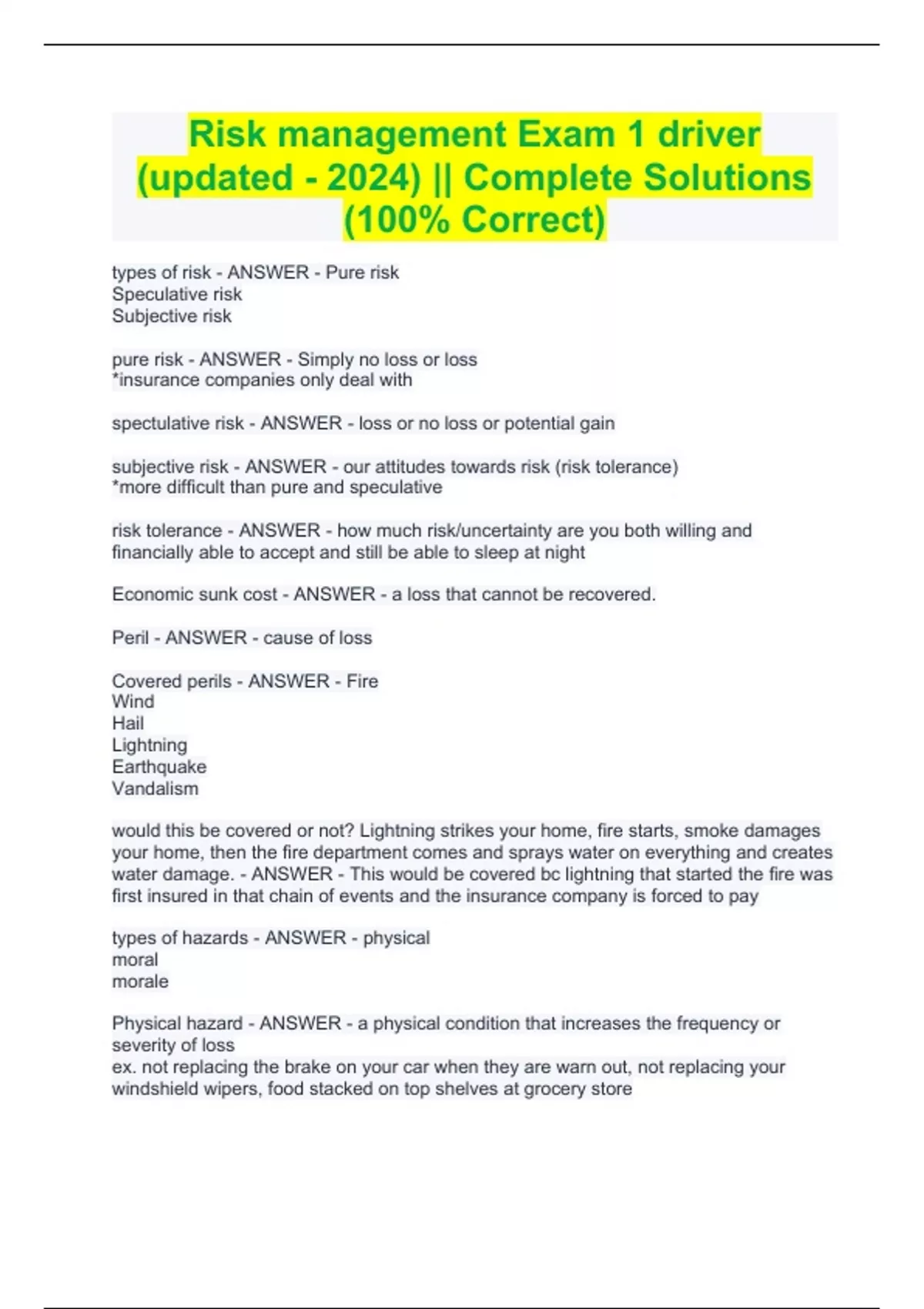 Risk management Exam 1 driver (updated - 2024) || Complete Solutions (100% Correct) - Risk ...