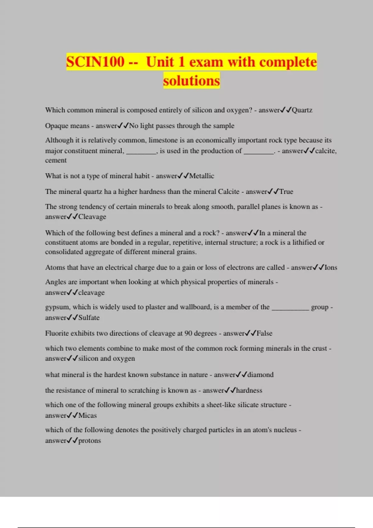 SCIN100 -- Unit 1 exam with complete solutions - SCIN - Stuvia US