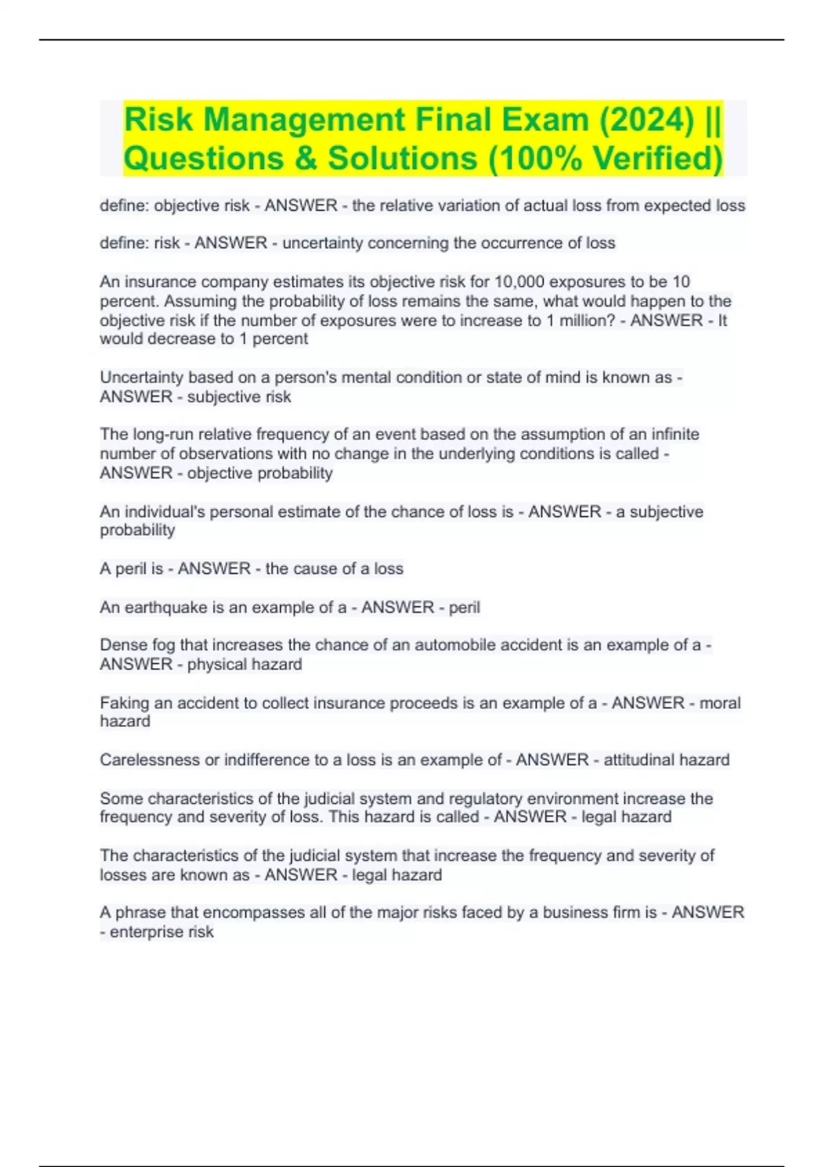 Risk Management Final Exam (2024) || Questions & Solutions (100% ...