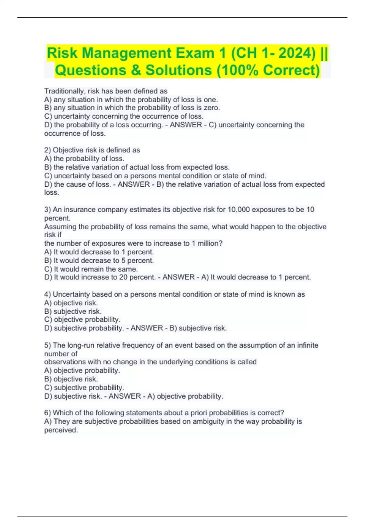 Risk Management Exam 1 (CH 1- 2024) || Questions & Solutions (100% ...