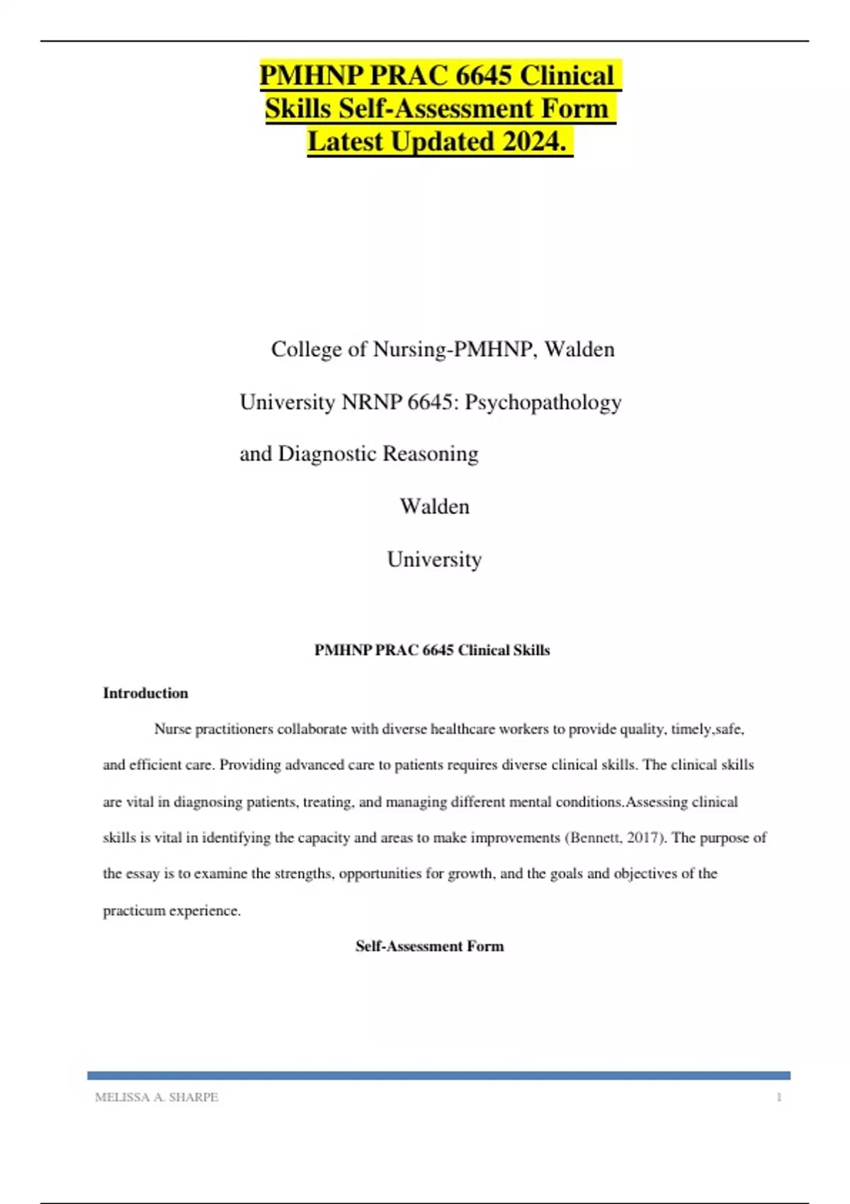 PMHNP PRAC 6645 Clinical Skills Self-Assessment Form Latest Updated ...
