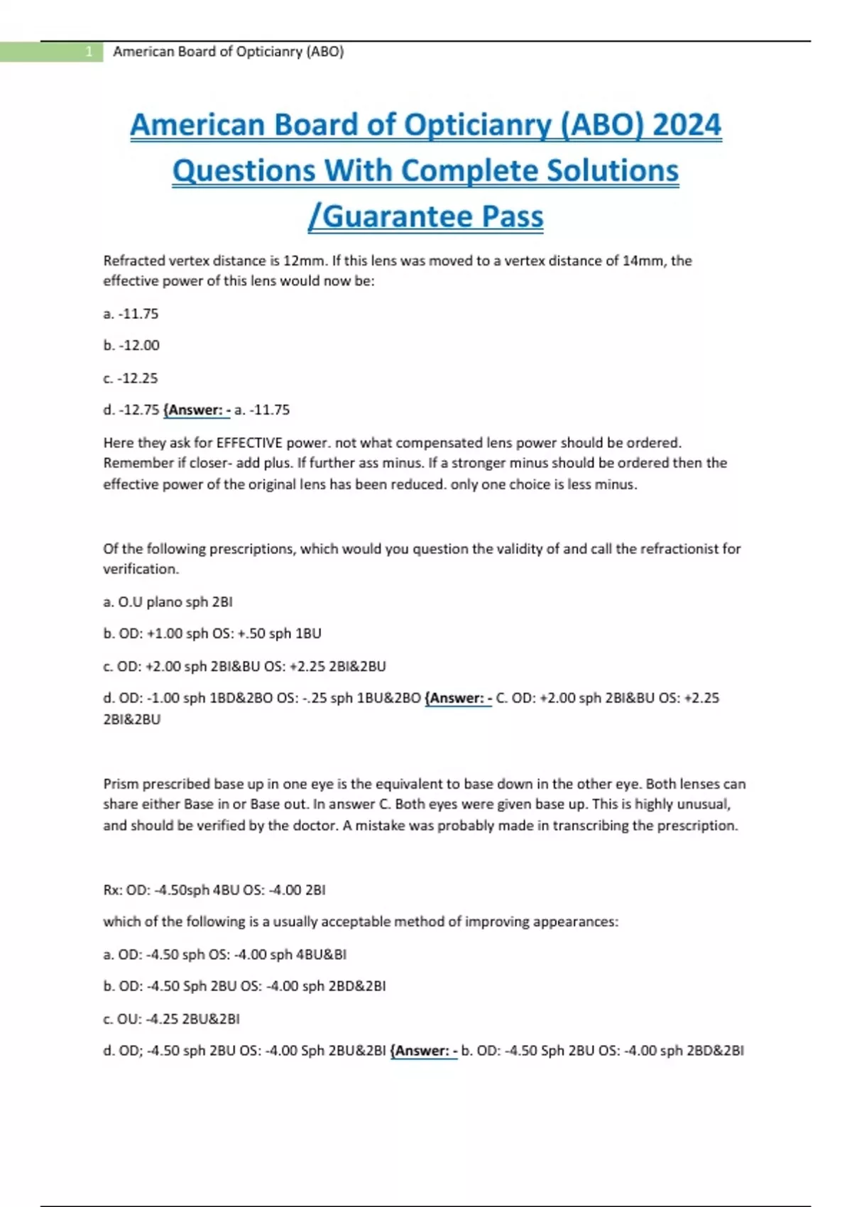 American Board of Opticianry (ABO) 2024 Questions With Complete ...
