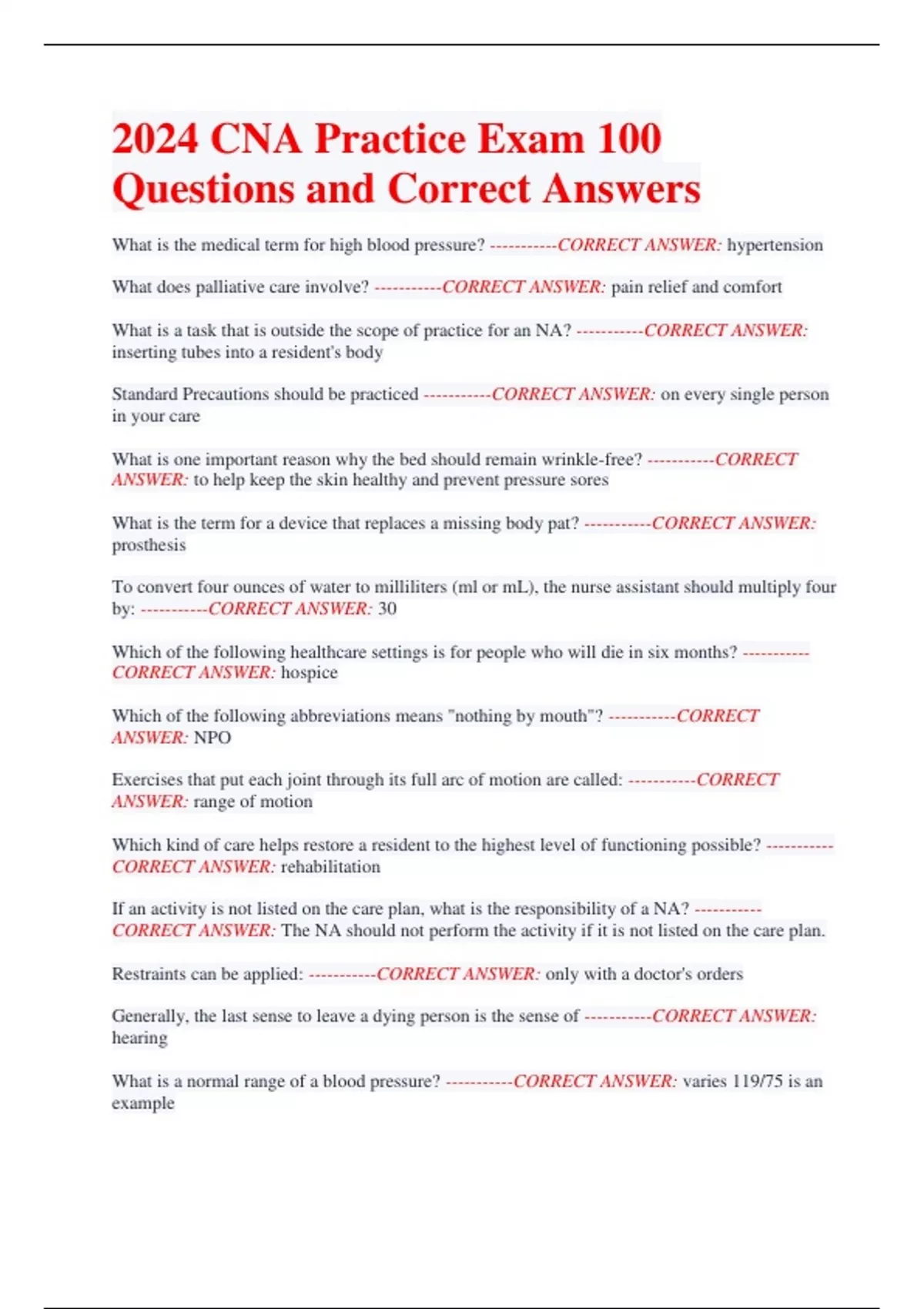 2024 CNA Practice Exam 100 Questions and Correct Answers - CNA ...