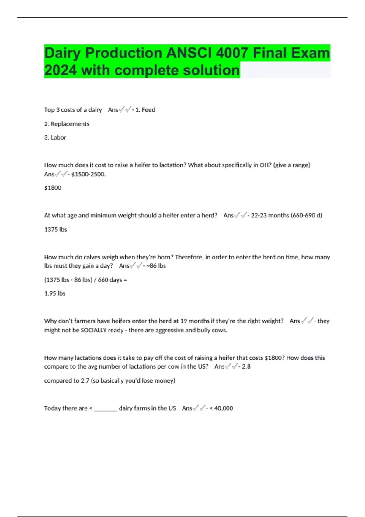 Dairy Production ANSCI 4007 Final Exam 2024 with complete solution ...