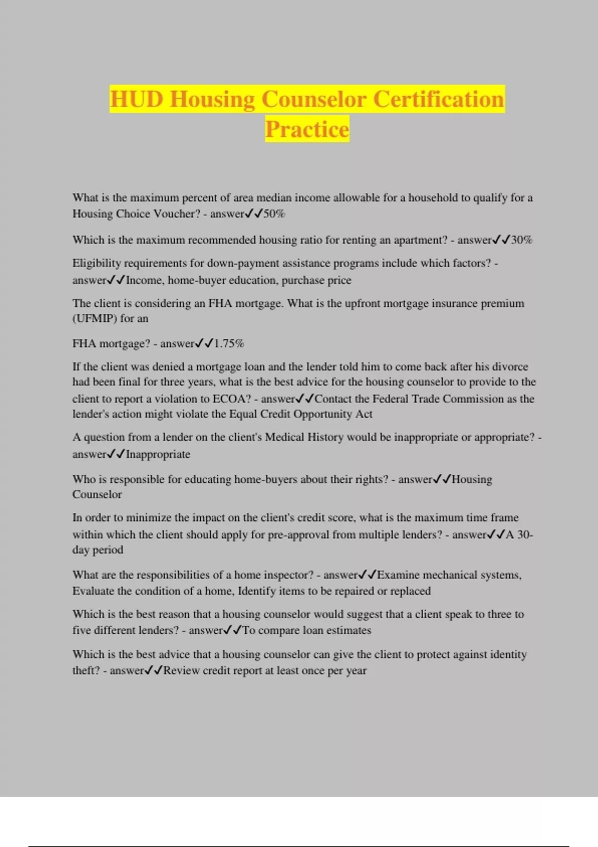 HUD EXAM BUNDLE WITH COMPLETE SOLUTIONS 100% VERIFIED - Stuvia US