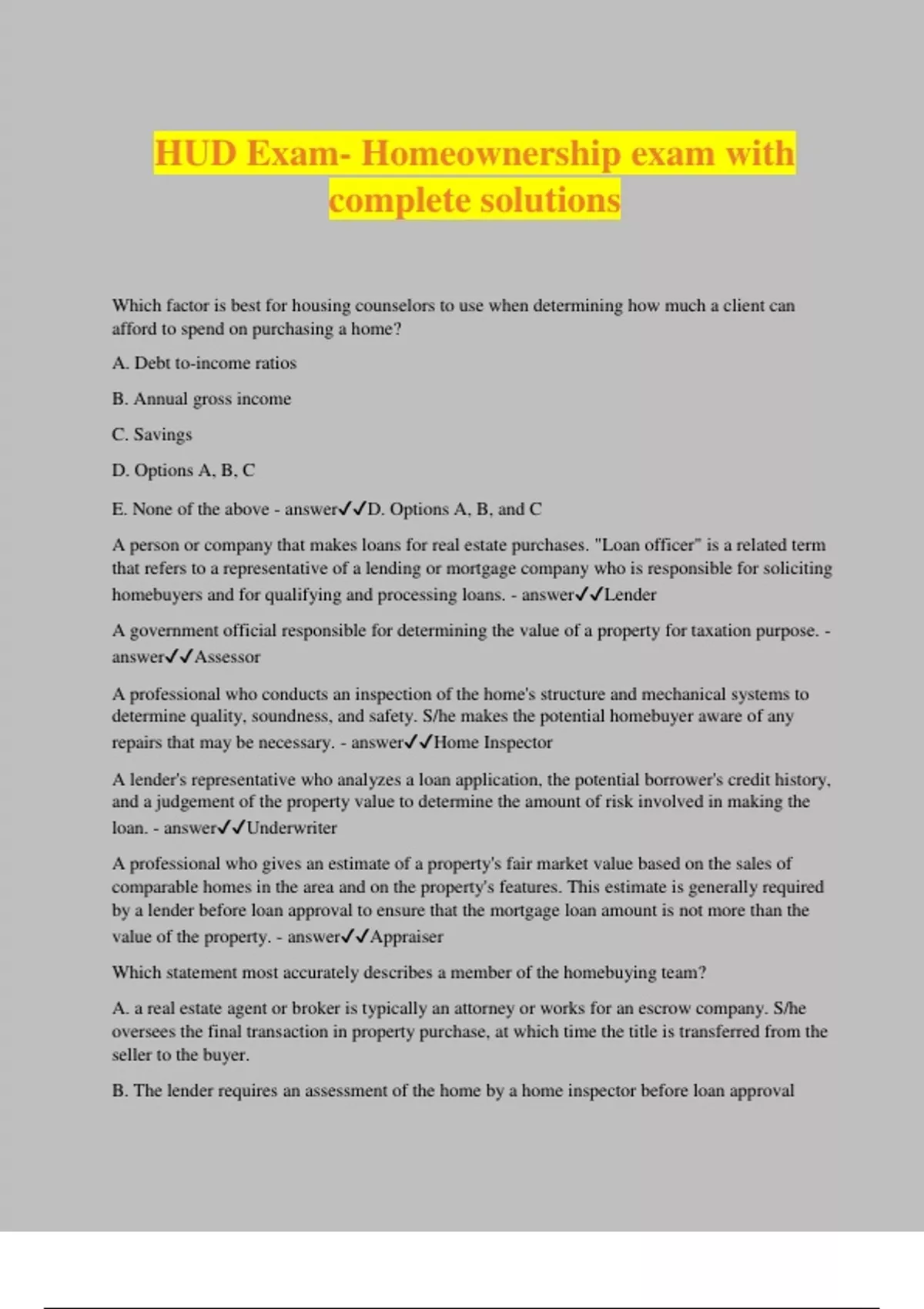 HUD Exam- Homeownership exam with complete solutions - HUD - Stuvia US