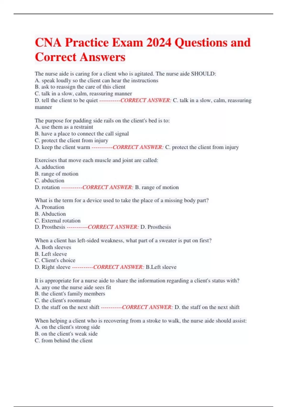 CNA Practice Exam 2024 Questions and Correct Answers - CNA - Certified ...