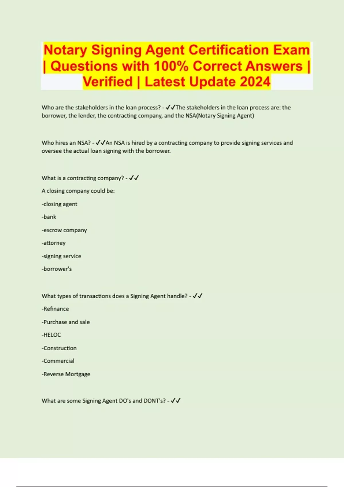 Notary Signing Agent Certification Exam | Questions with 100% Correct ...