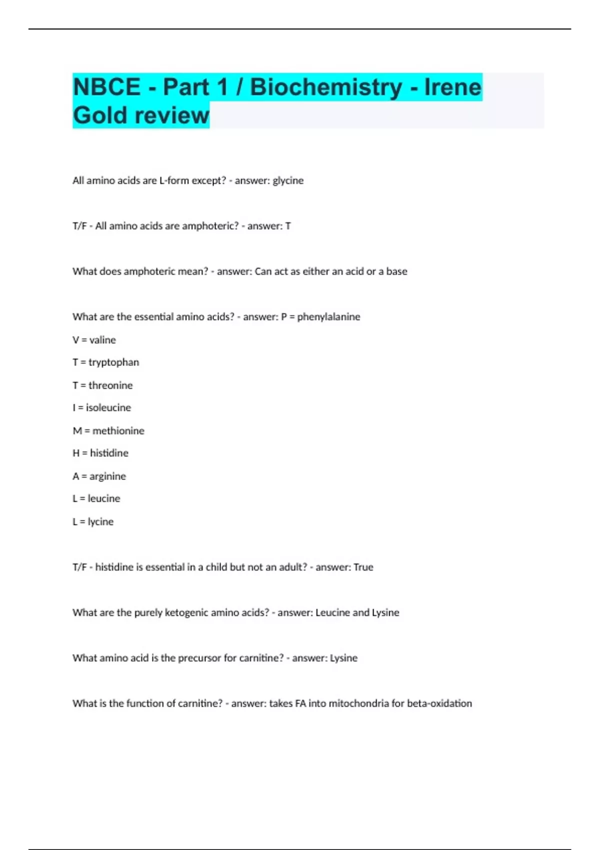 NBCE - Part 1 / Biochemistry - Irene Gold review questions with answers ...