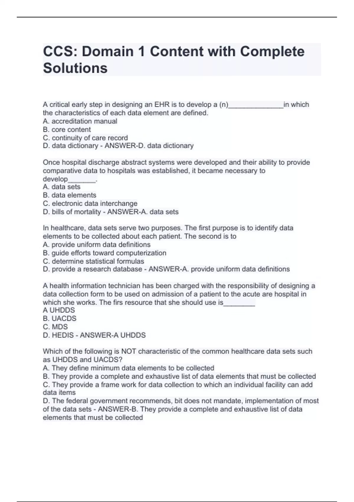 CCS: Domain 1 Content with Complete Solutions - CCS: Domain 1 Content ...