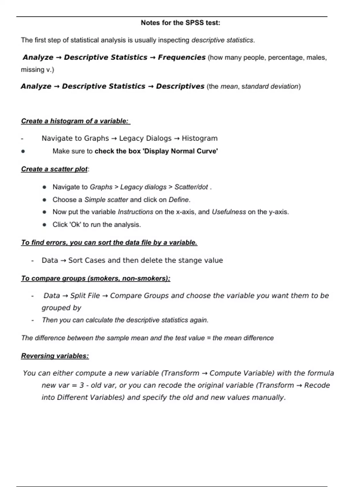 Summary Introduction to Statistics - Notes for the SPSS test - 410127-B ...