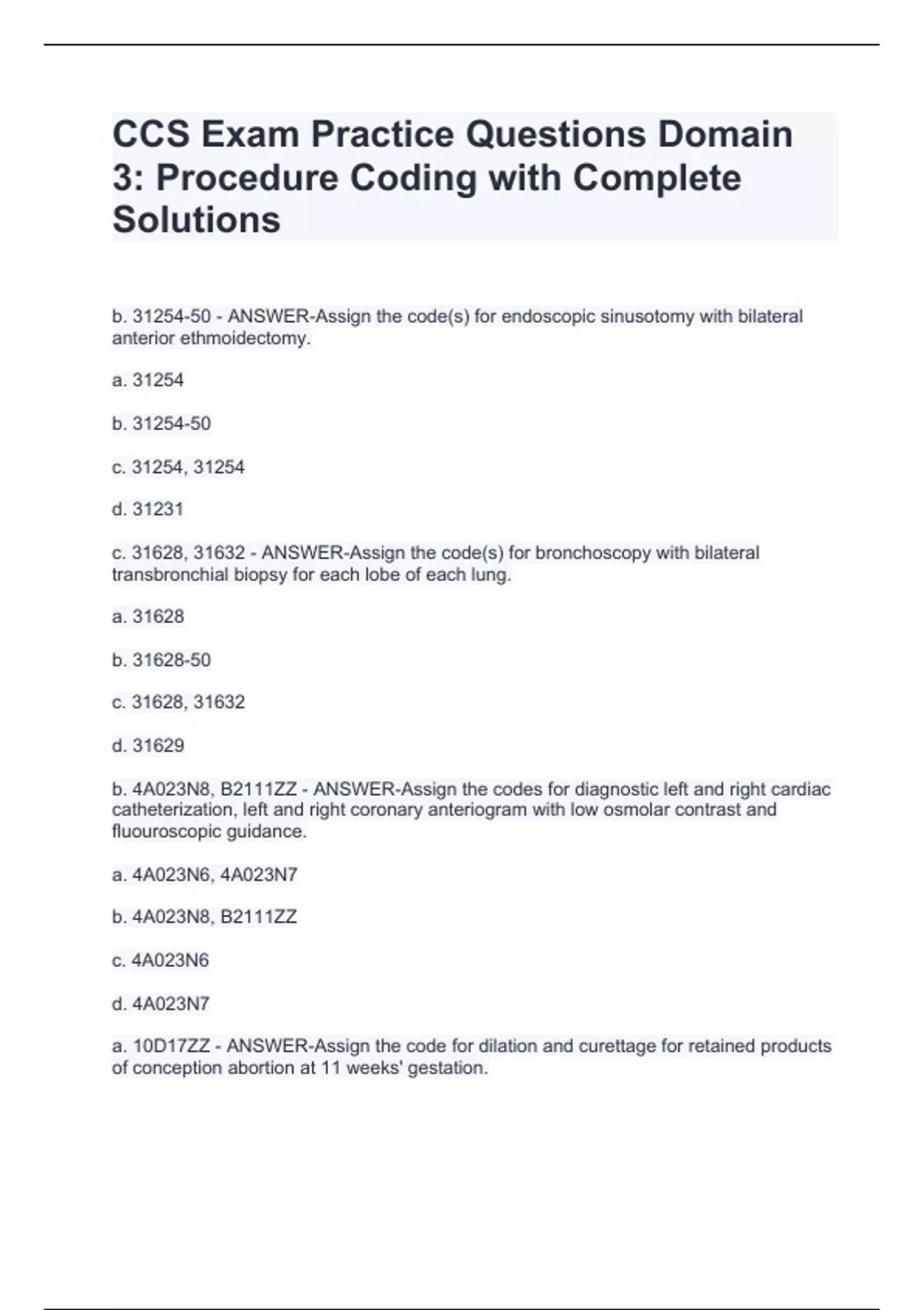 CCS Exam Practice Questions Domain 3: Procedure Coding with Complete Solutions - CCS - Stuvia US