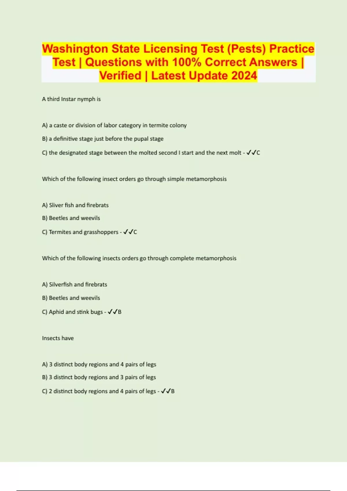 Washington State Licensing Test (Pests) Practice Test | Questions with ...