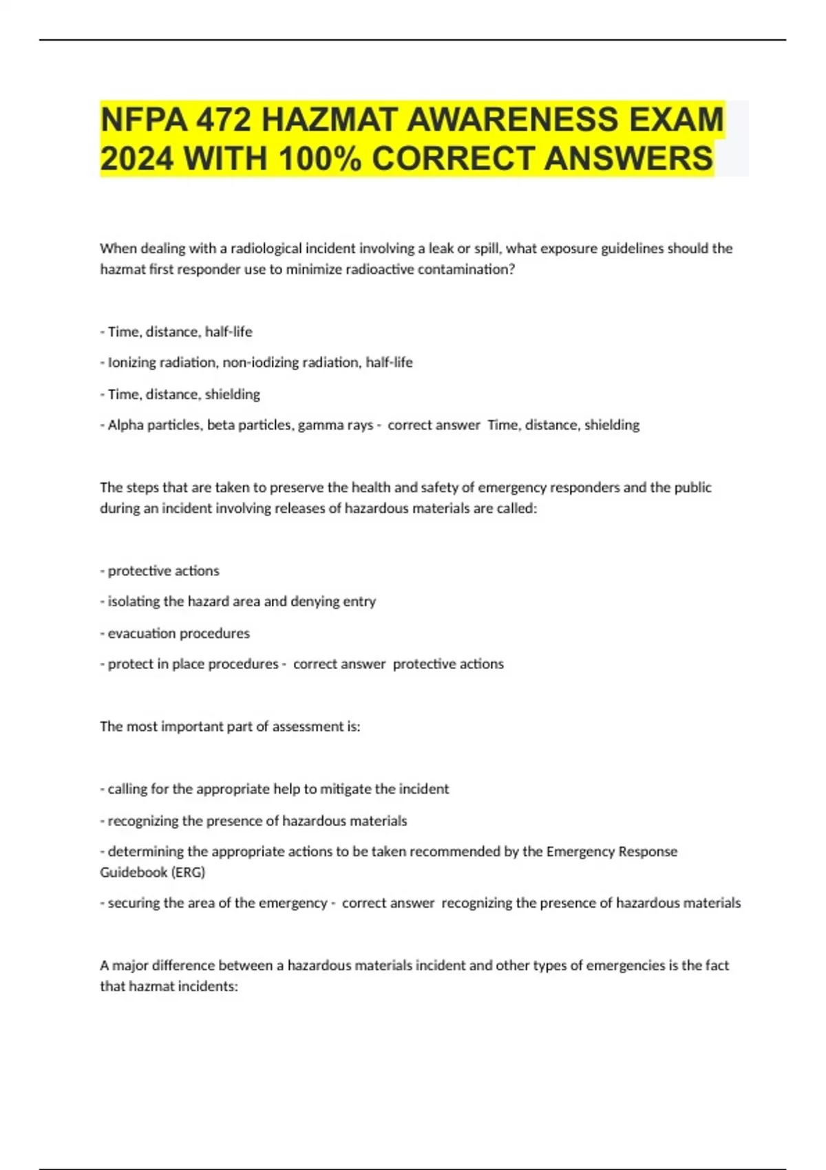 NFPA 472 HAZMAT AWARENESS EXAM 2024 WITH 100% CORRECT ANSWERS - NFPA ...