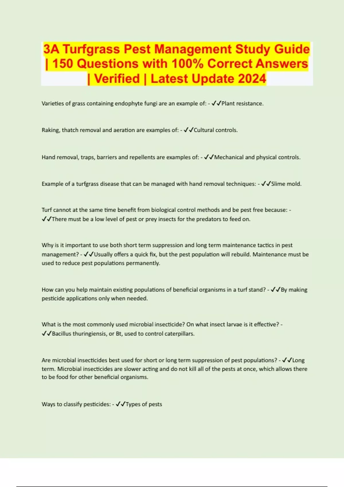 3A Turfgrass Pest Management Study Guide | 150 Questions with 100% ...