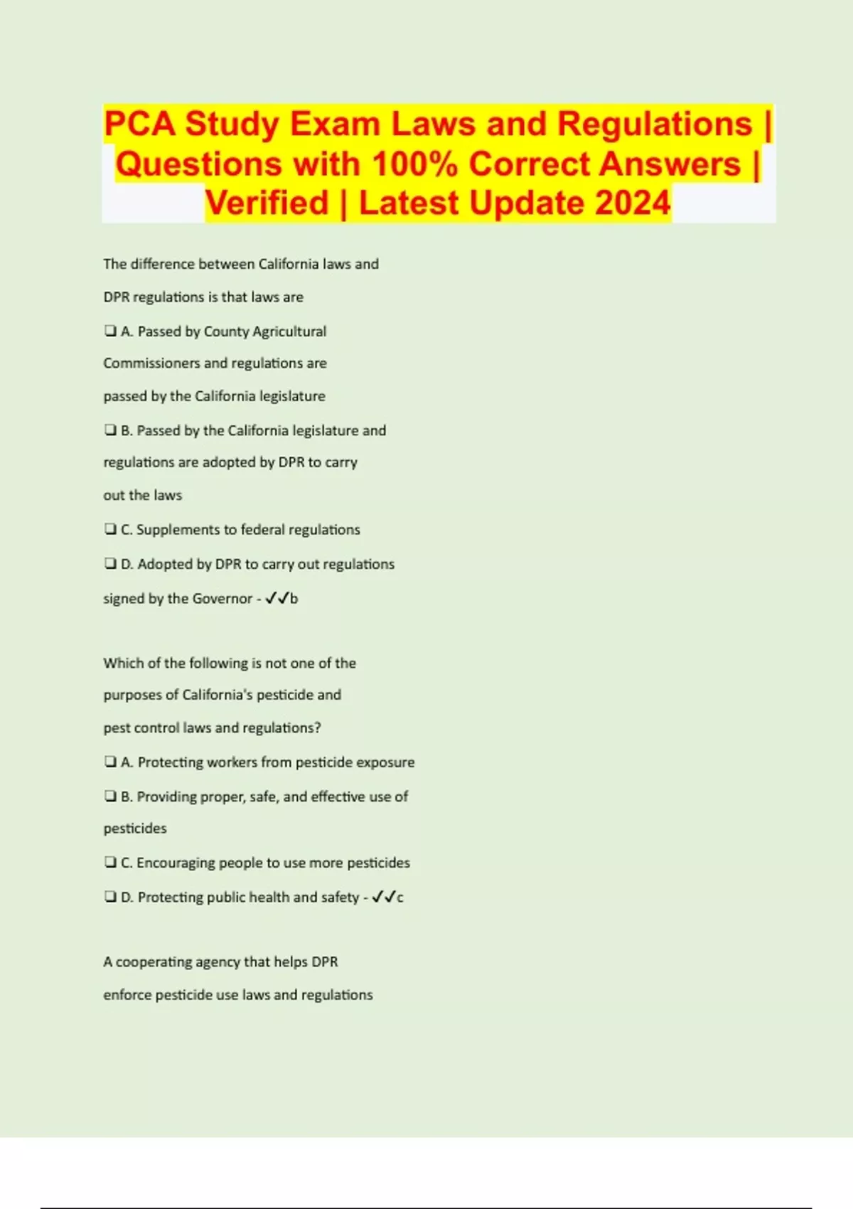 PCA Study Exam Laws and Regulations | Questions with 100% Correct ...