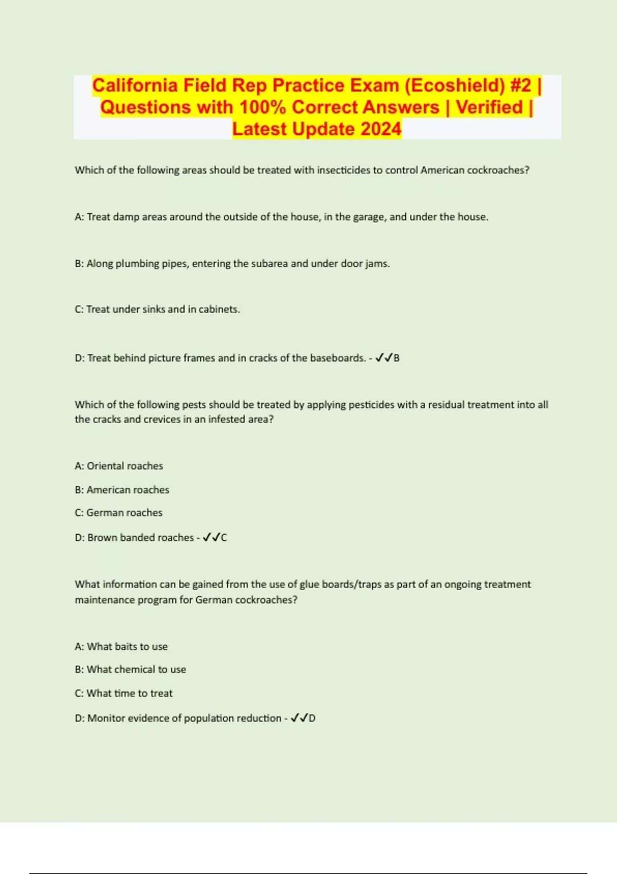 California Field Rep Practice Exam (Ecoshield) #2 | Questions with 100% Correct Answers ...