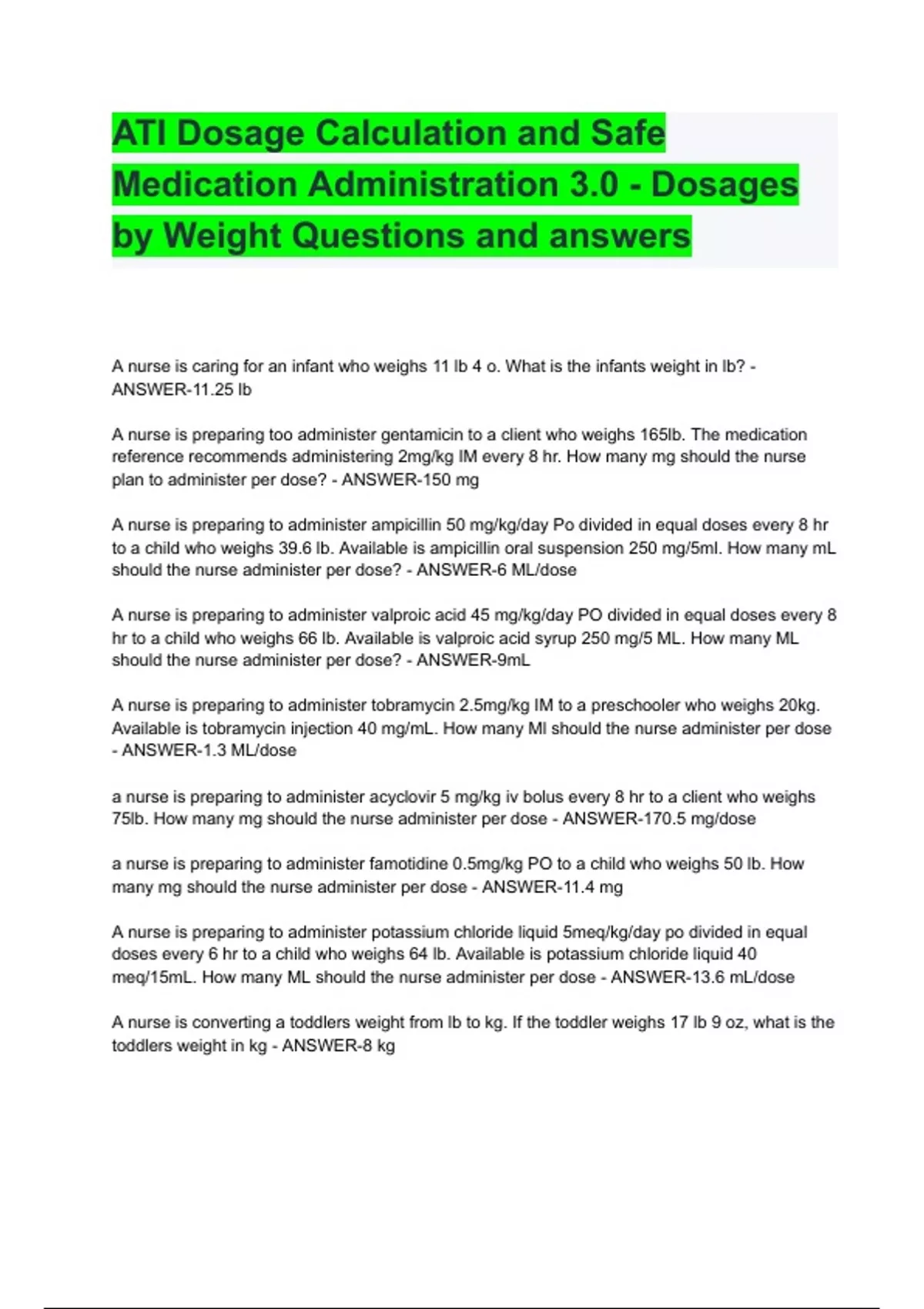 ATI Dosage Calculation and Safe Medication Administration 3.0 - Dosages ...