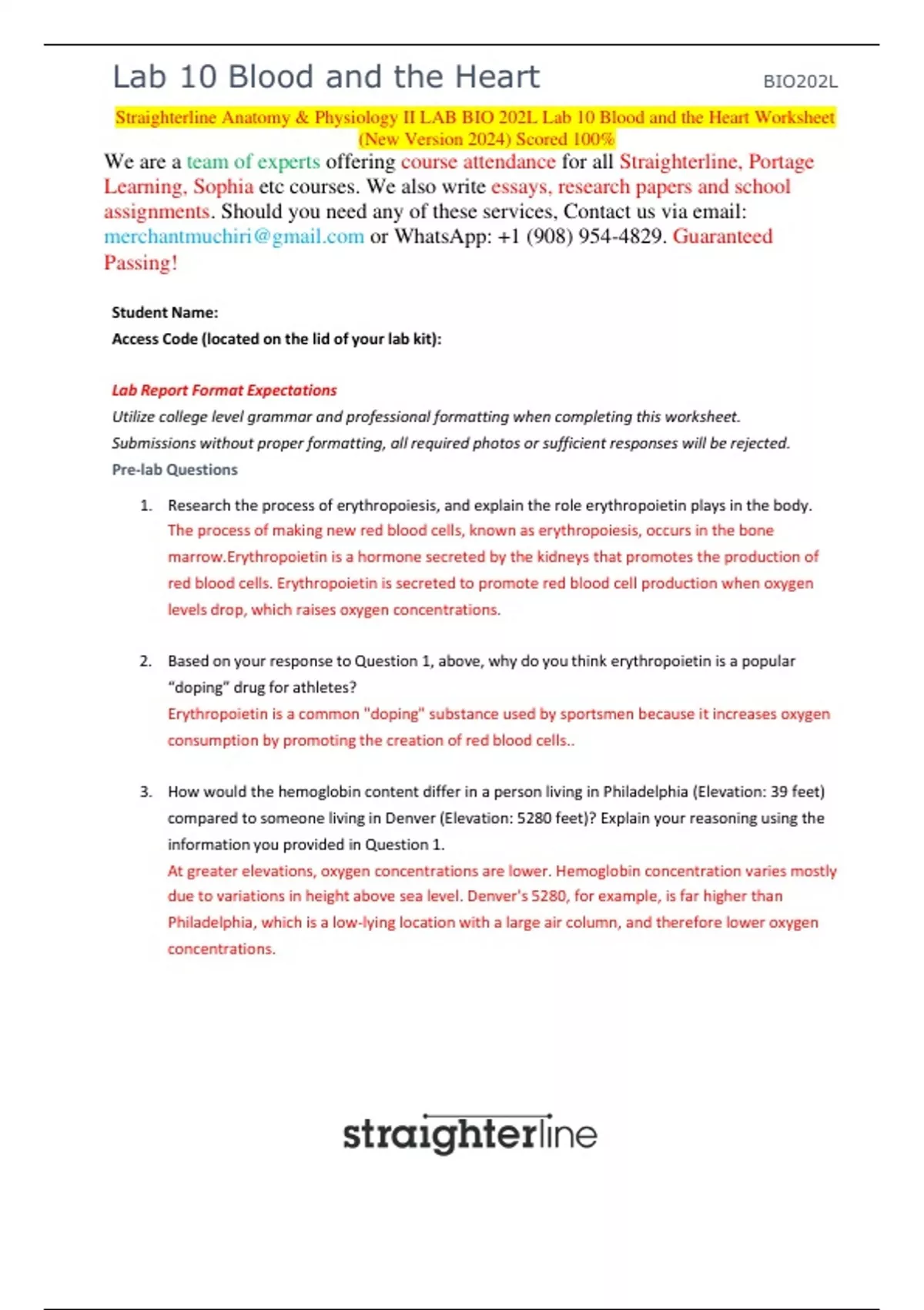 Straighterline Anatomy & Physiology II LAB BIO 202L Lab 10 Blood and ...
