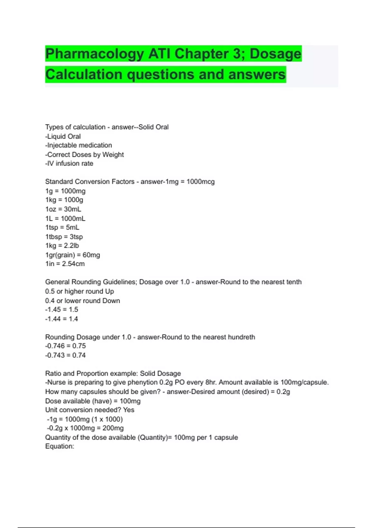 Pharmacology ATI Chapter 3; Dosage Calculation questions and answers ...