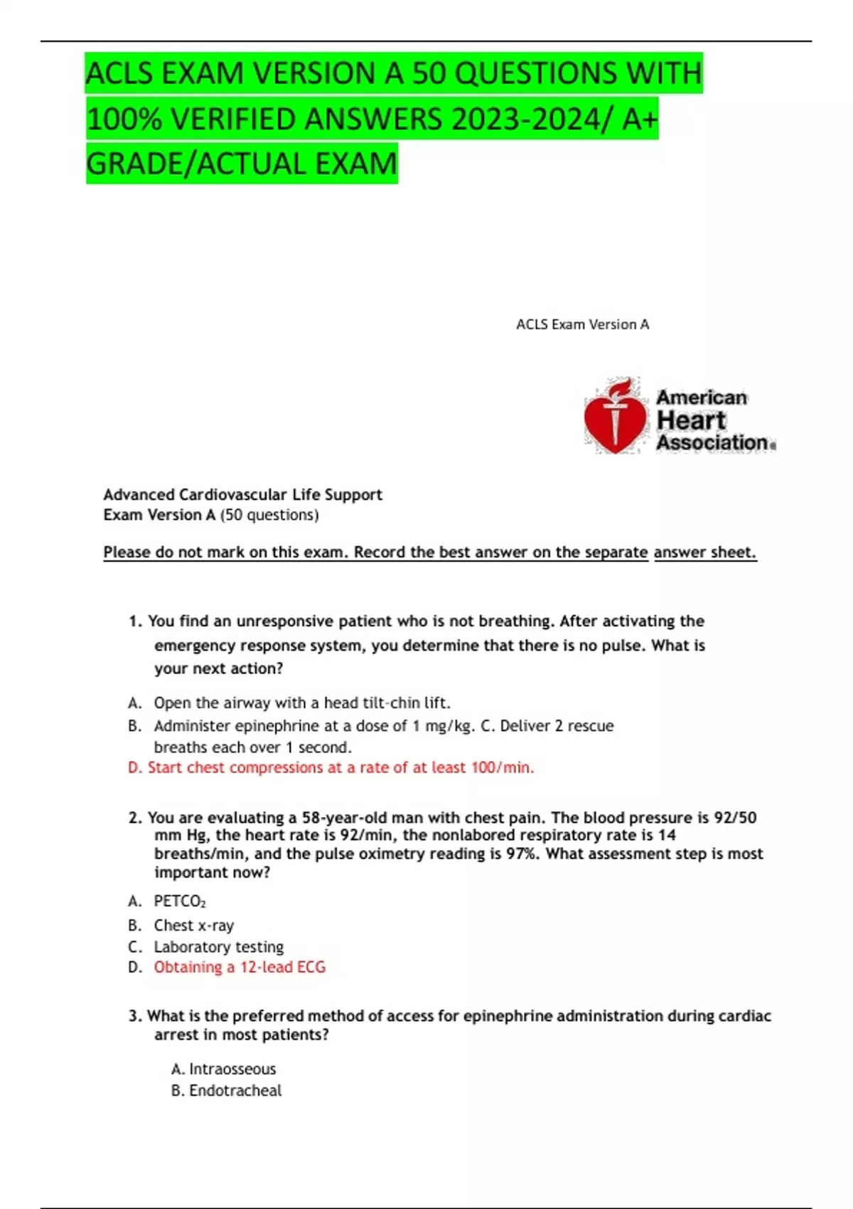 ACLS EXAM VERSION A 50 QUESTIONS WITH 100% VERIFIED ANSWERS / A+ GRADE ...