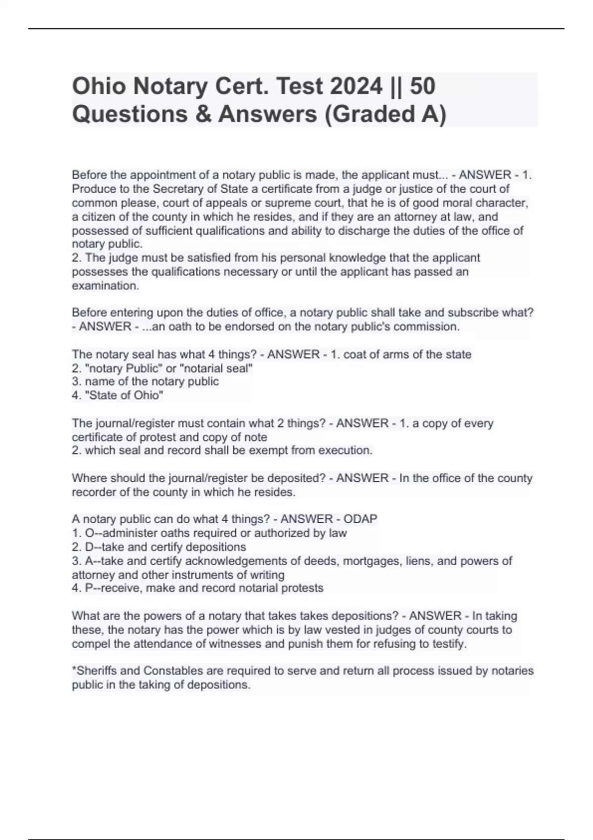 Ohio Notary Cert. Test 2024 || 50 Questions & Answers (Graded A) - Ohio ...