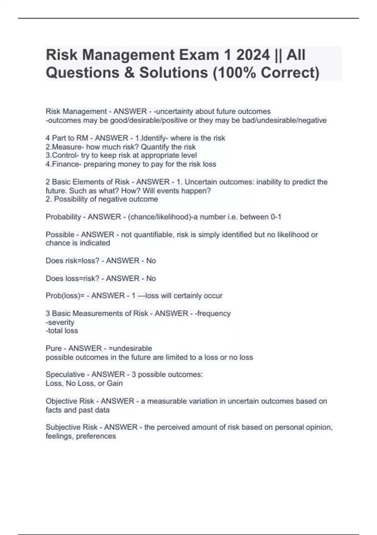 Risk Management Exam 1 2024 || All Questions & Solutions (100% Correct ...