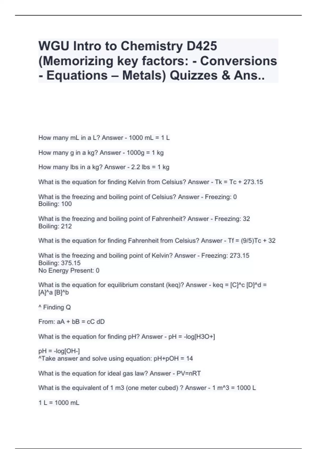 WGU Intro to Chemistry D425 (Memorizing key factors - Conversions ...