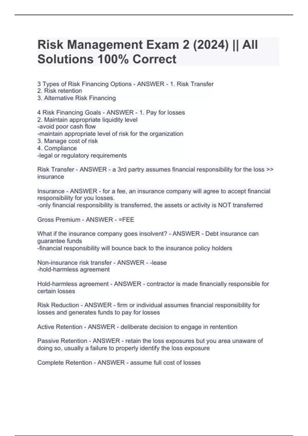 Risk Management Exam 2 (2024) || All Solutions 100% Correct - Risk Management - Stuvia US