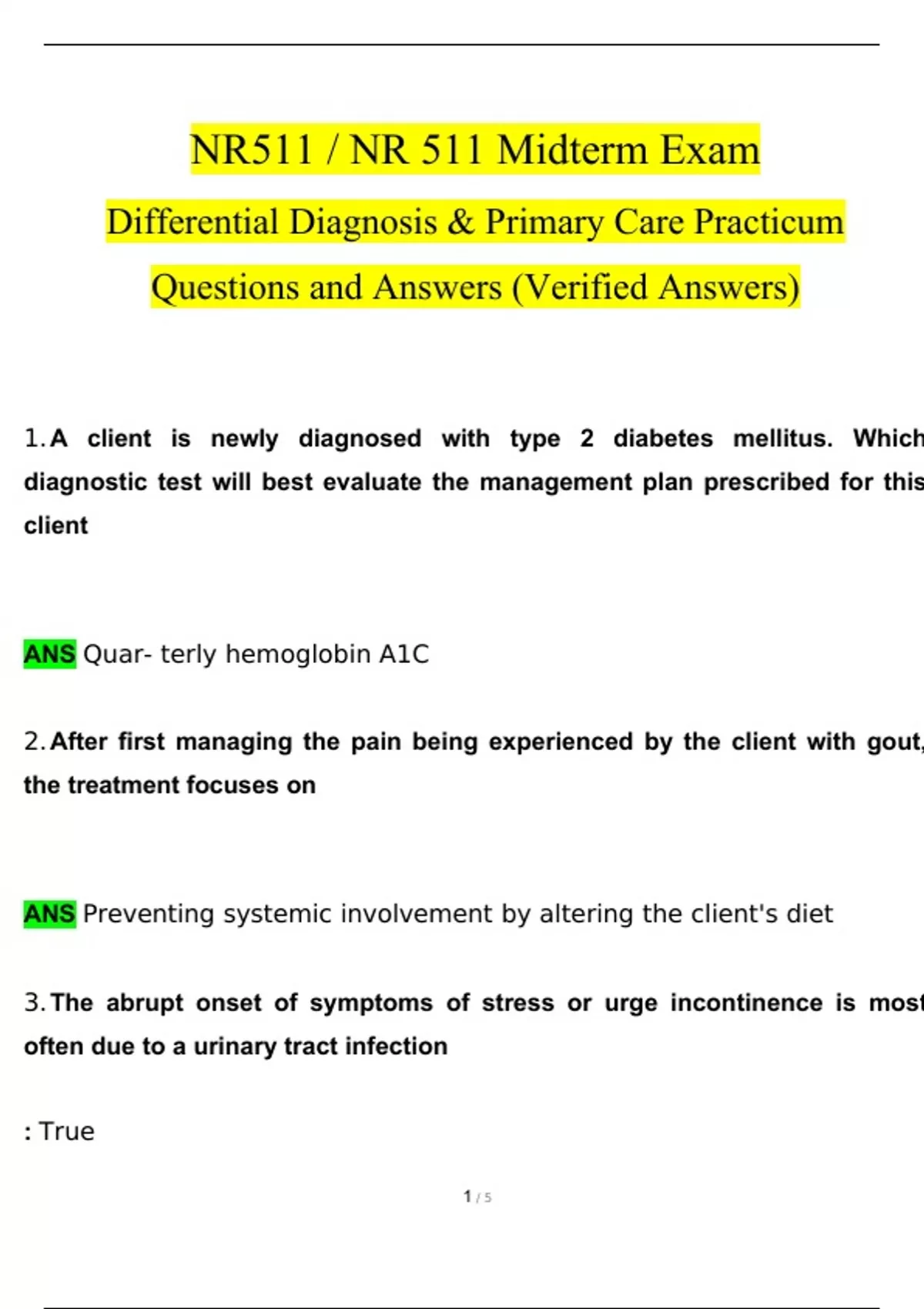 NR601 / NR 601 Midterm Exam Qs & Ans (Latest 2024 / 2025) : Primary ...