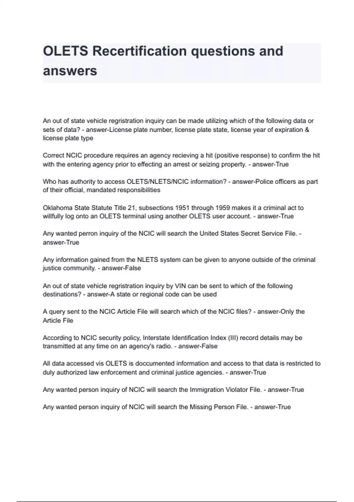 OLETS Recertification questions and answers - OLETS Recertification qustions and ansers - Stuvia US