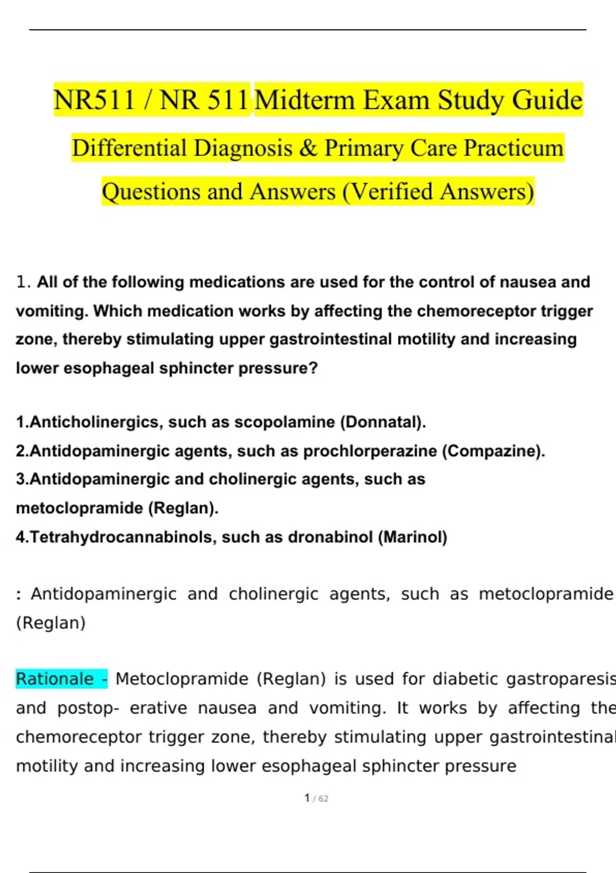NR511 / NR 511 Midterm Exam Study Guide Differential Diagnosis & Primary Care Practicum ...