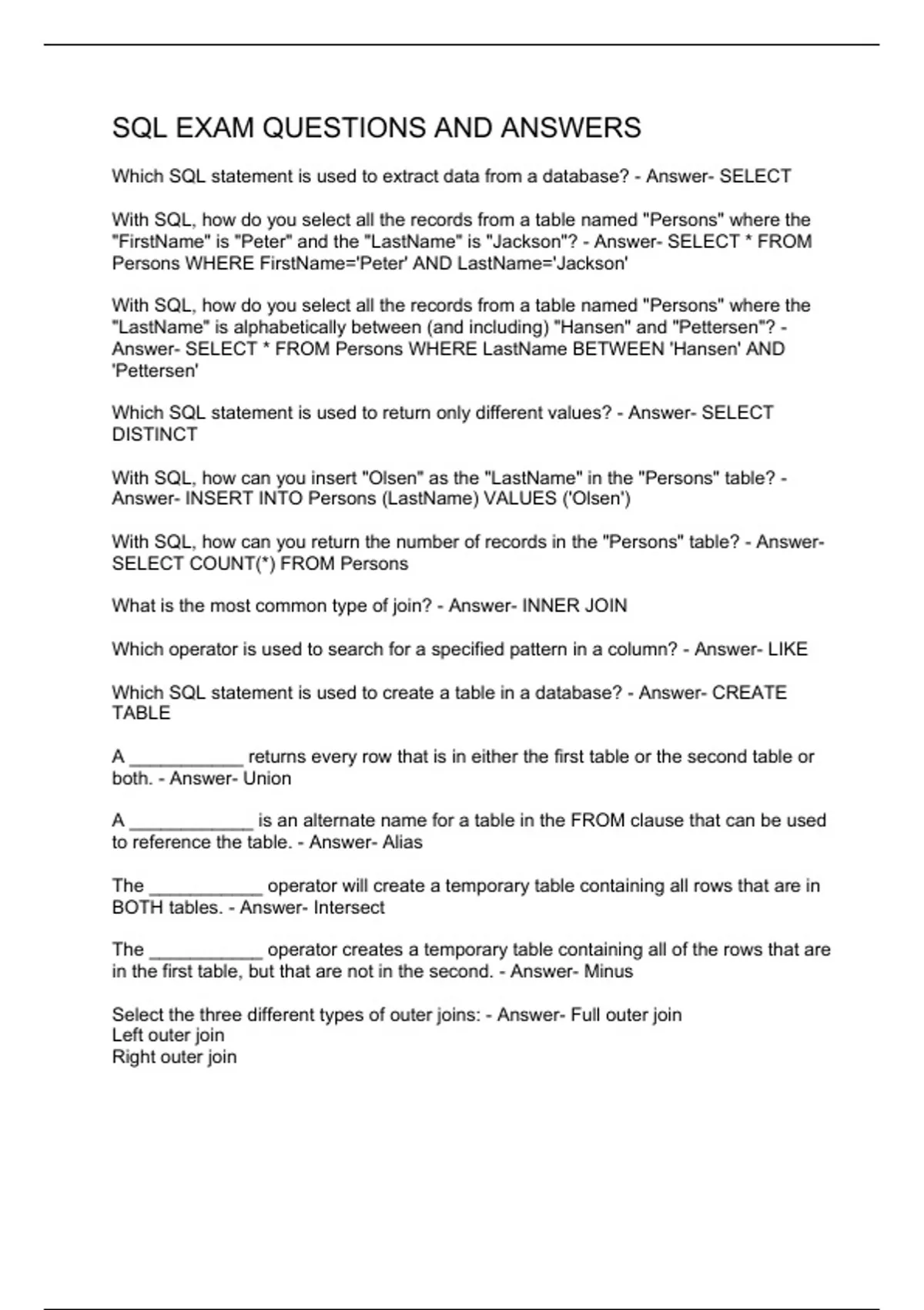 SQL EXAM QUESTIONS AND ANSWERS - SQL - Stuvia US