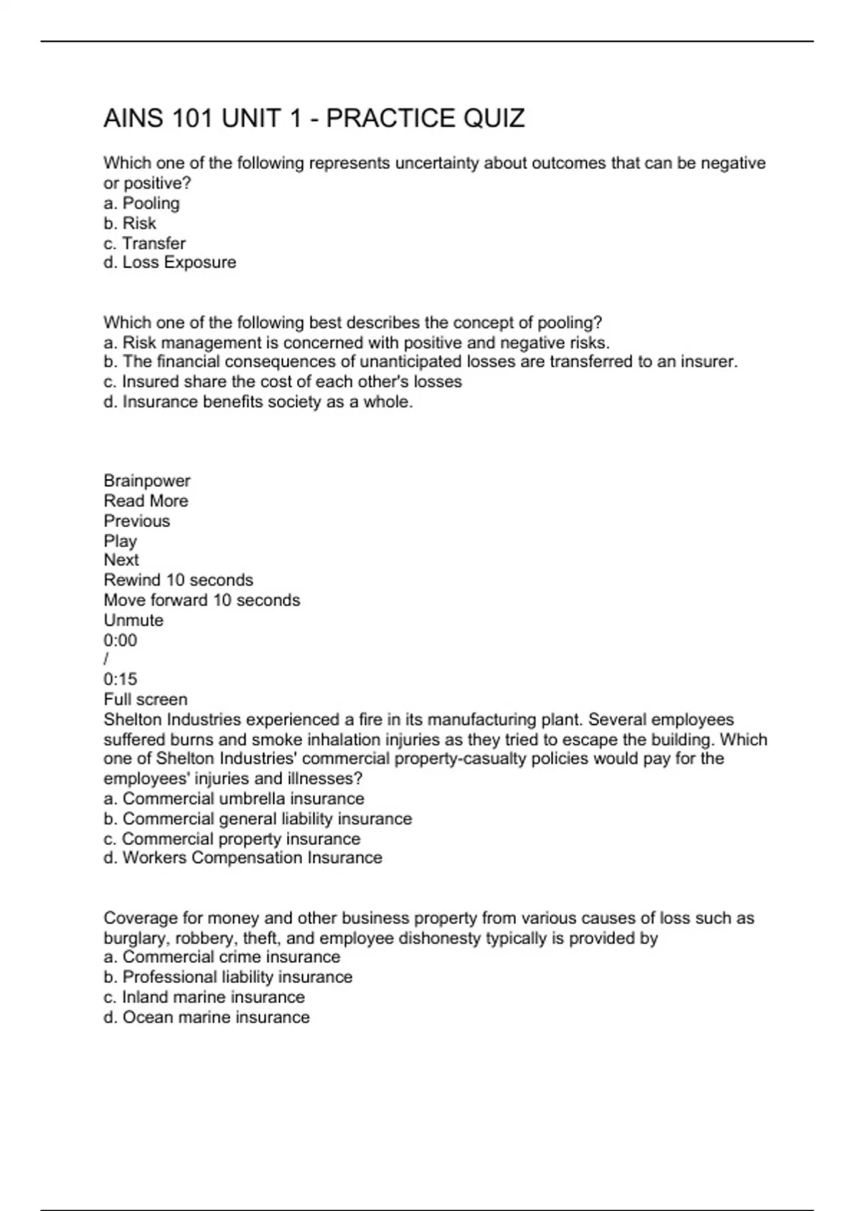 AINS 101 UNIT 1 - PRACTICE QUIZ - AINS 101 - Stuvia UK