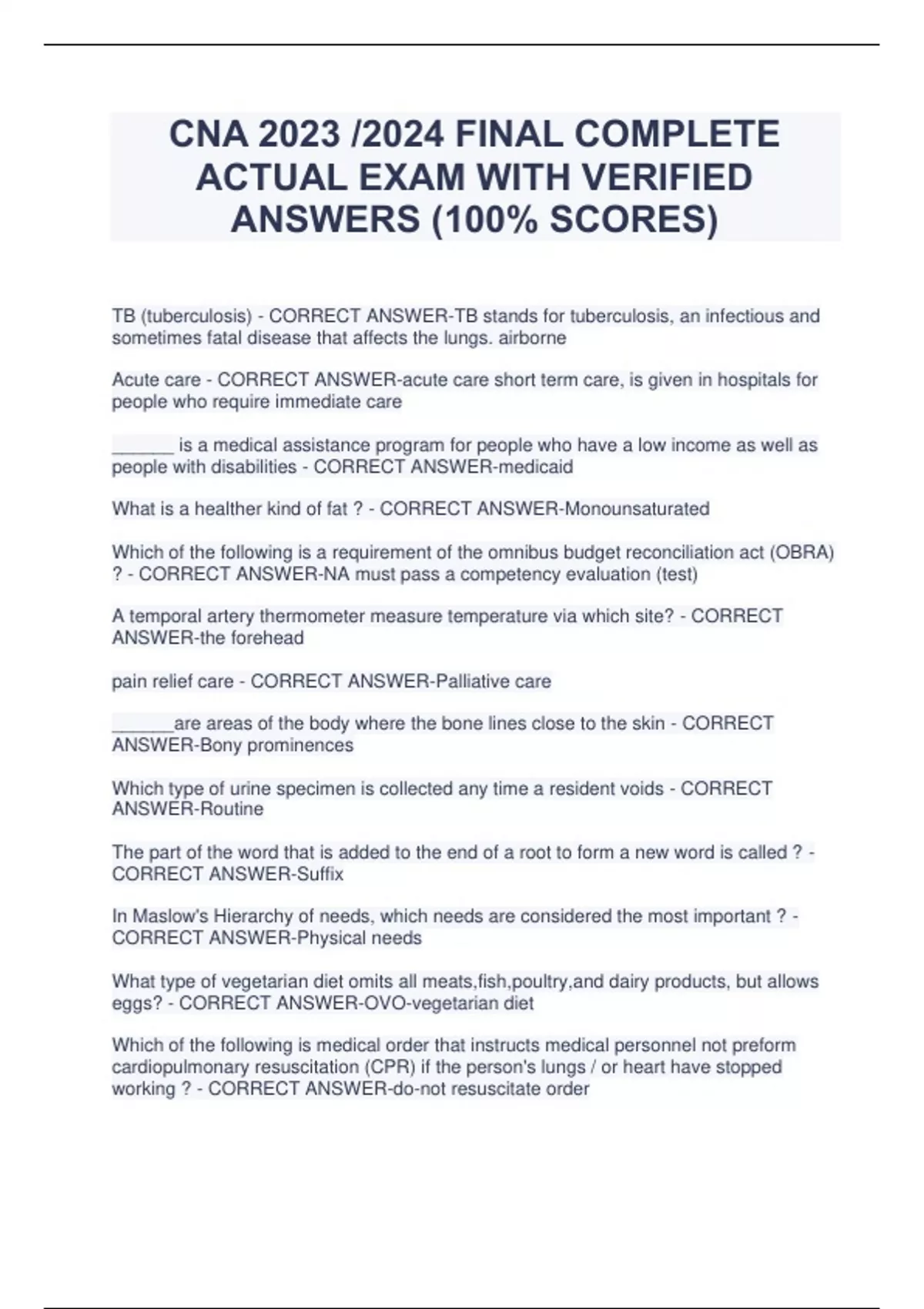 CNA 2023 /2024 FINAL COMPLETE ACTUAL EXAM WITH VERIFIED ANSWERS (100% ...
