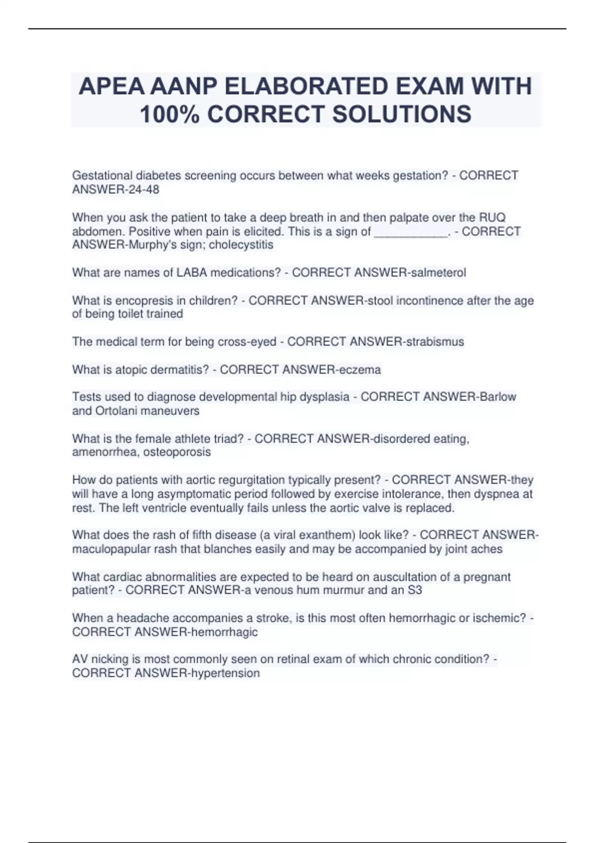 APEA AANP ELABORATED EXAM WITH 100% CORRECT SOLUTIONS - Apea - Stuvia US