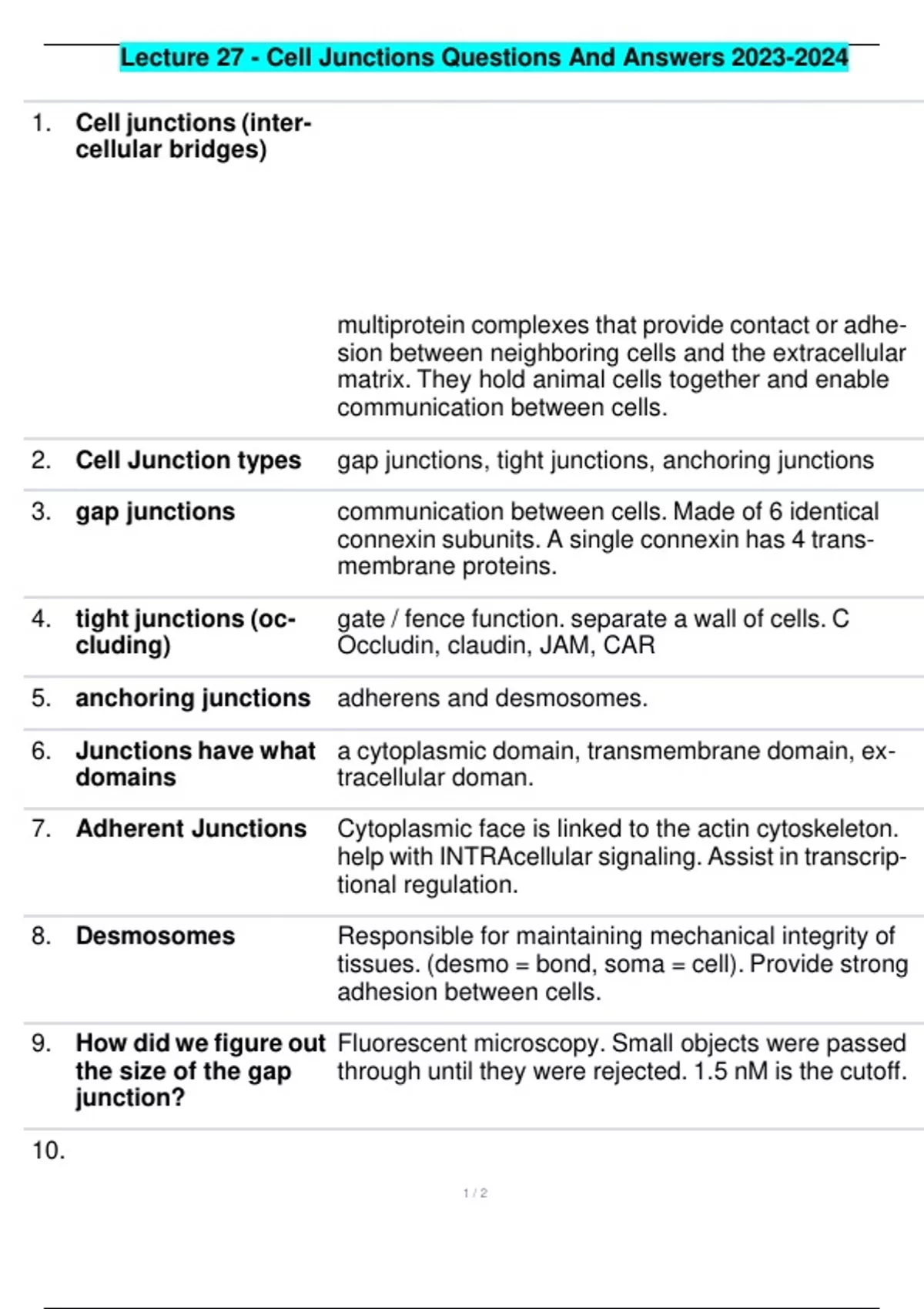 Lecture 27 - Cell Junctions Questions And Answers - Lecture 27 - Cell Junctions Question And ...