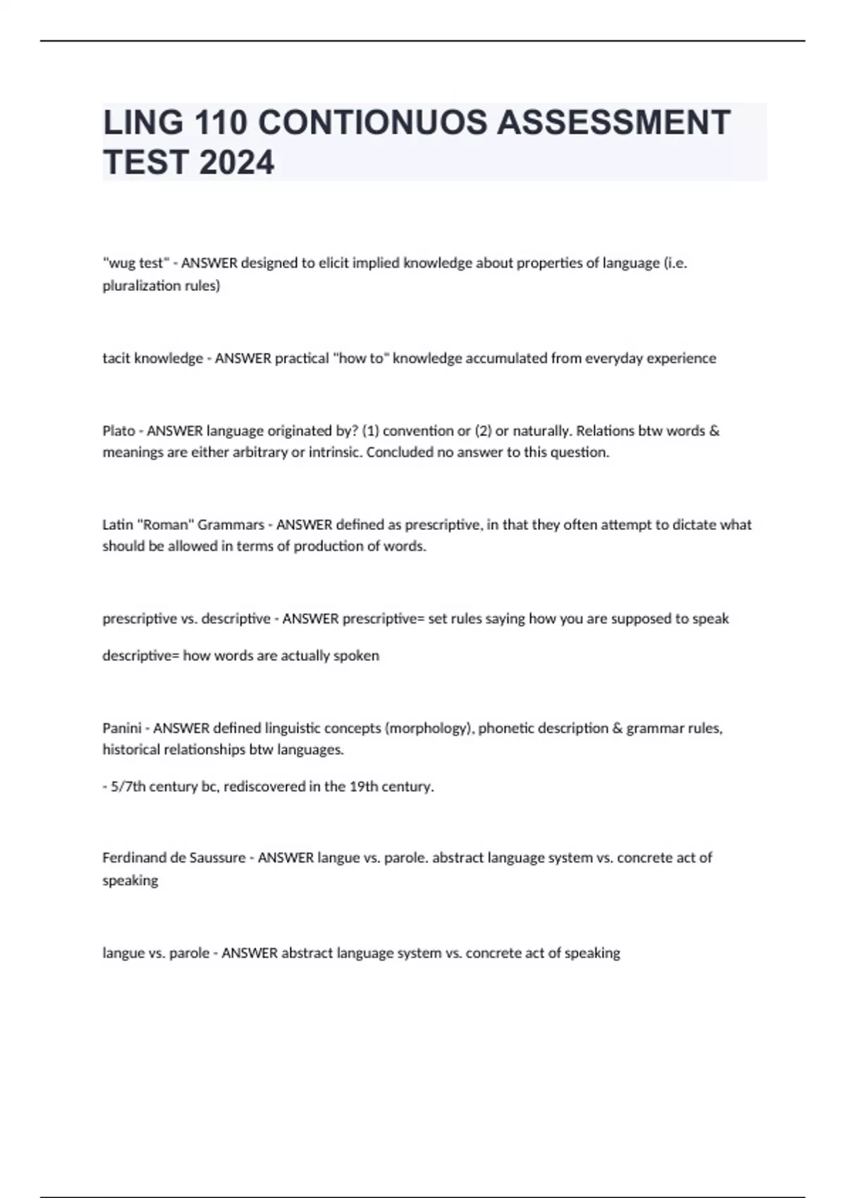 LING 110 CONTIONUOS ASSESSMENT TEST 2024 - LING. - Stuvia US