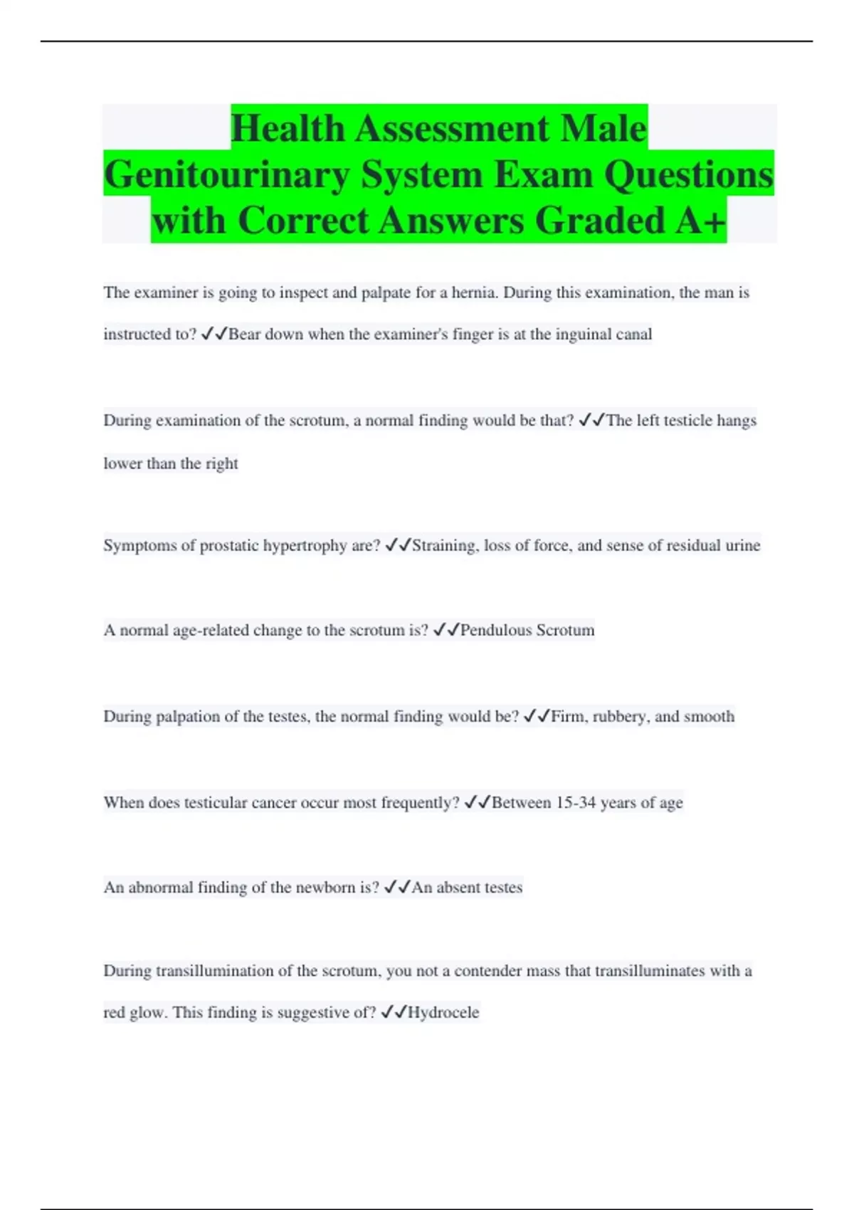 Health Assessment Male Genitourinary System Exam Questions with Correct ...