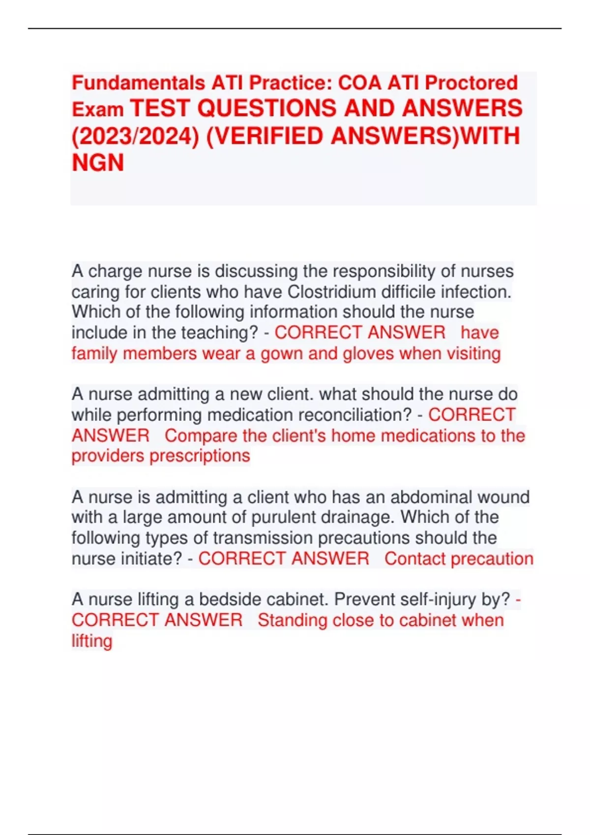 Fundamentals ATI Practice: COA ATI Proctored Exam TEST QUESTIONS AND ...