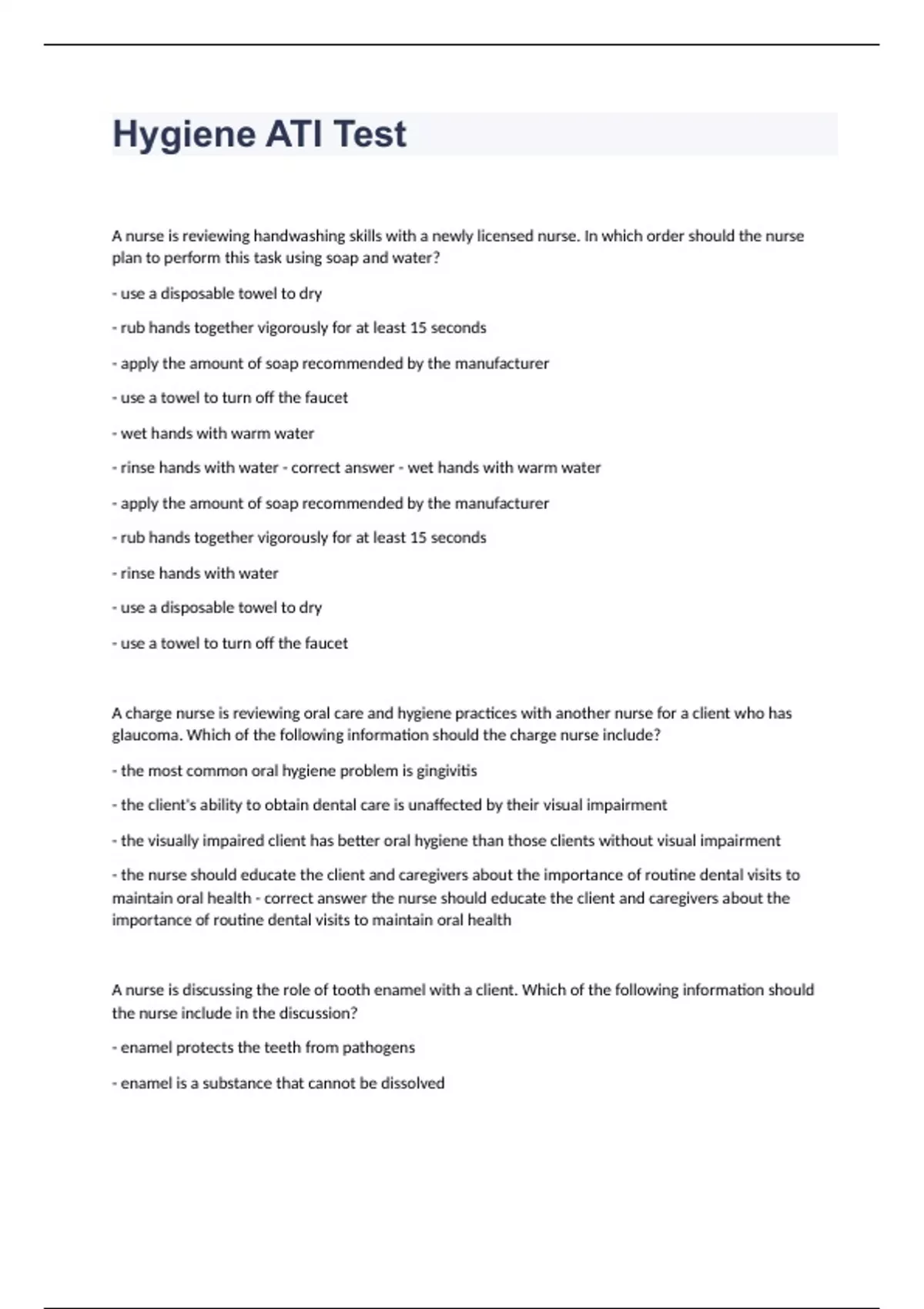 Hygiene ATI Test Exam Review Test With Complete Solutions 2024 ...