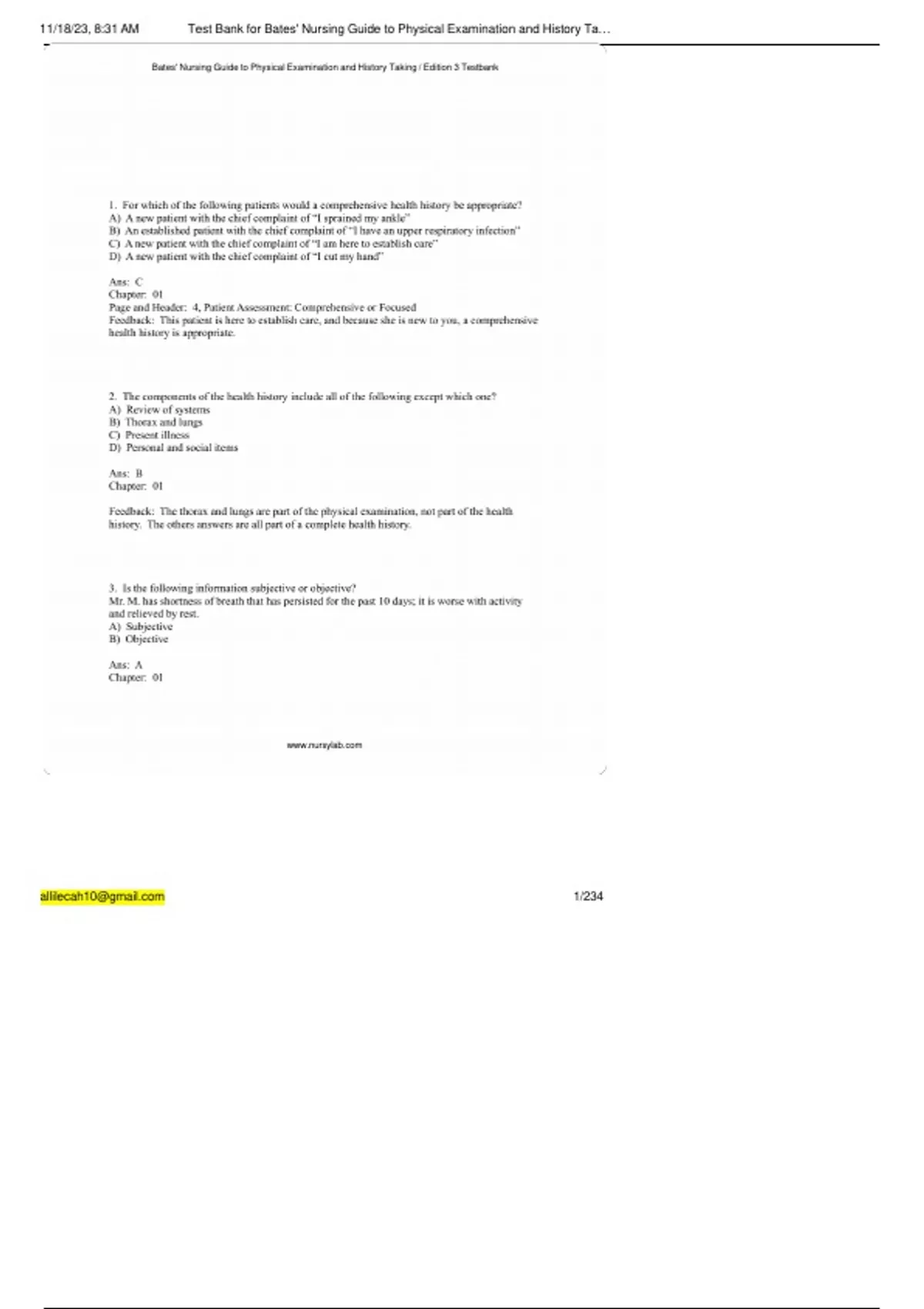 Test bank for bates nursing guide to physical examination and history ...