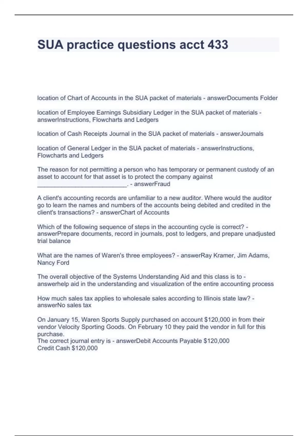 SUA practice questions acct 433 Questions with solutions 2024 - SUA ...