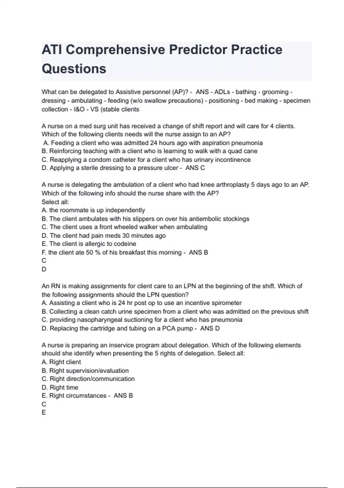ATI Comprehensive Predictor Practice Questions with correct Answers ...