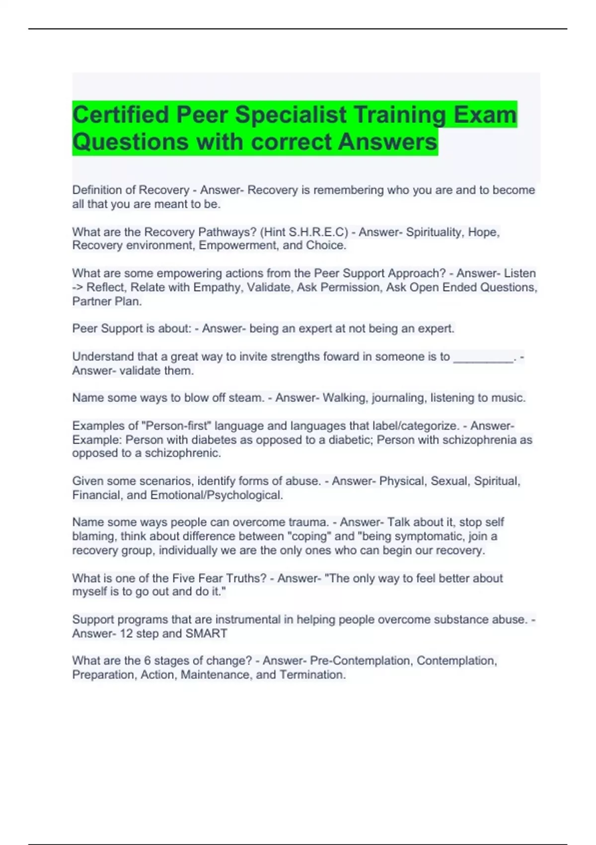 Certified Peer Specialist Training Exam Questions with correct Answers ...